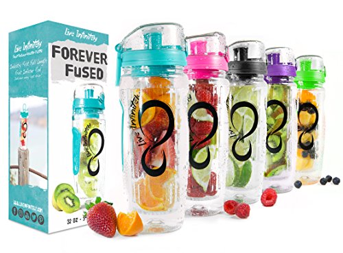 Live Infinitely 32 oz Fruit Infuser Water Bottle - Featuring a Full Length Infusion Rod, Flip Top Lid, Dual Hand Grips & Recipe Ebook Gift - Fruit Infused Water Bottles (Bright Teal, 32 oz)
