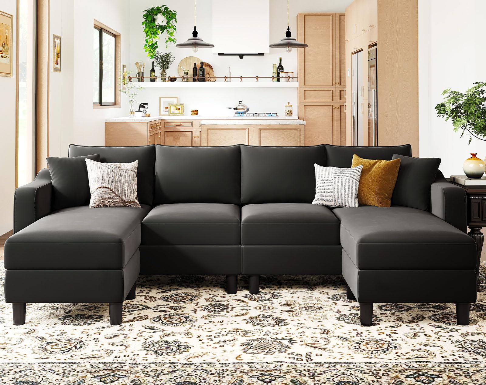 Belffin U Shaped Sectional Sofa Velvet Convertible Sofa with Reversible Chaises Sectional Couches with Ottomans for Living Room (Grey)…