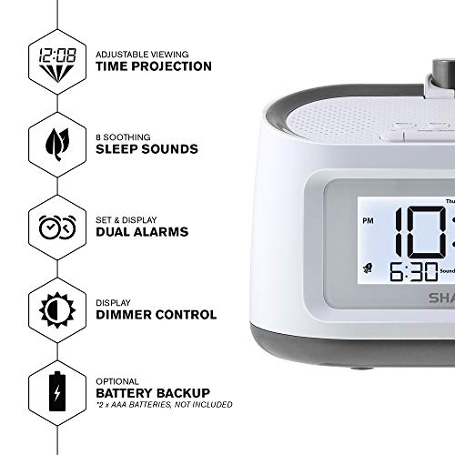 SHARP Projection Alarm Clock with Soothing Nature Sleep Sounds β Easy to Read Projection on Wall or Ceiling β 8 Sleep Sounds to Help Fall Asleep Faster, White Case with Gunmetal Trim