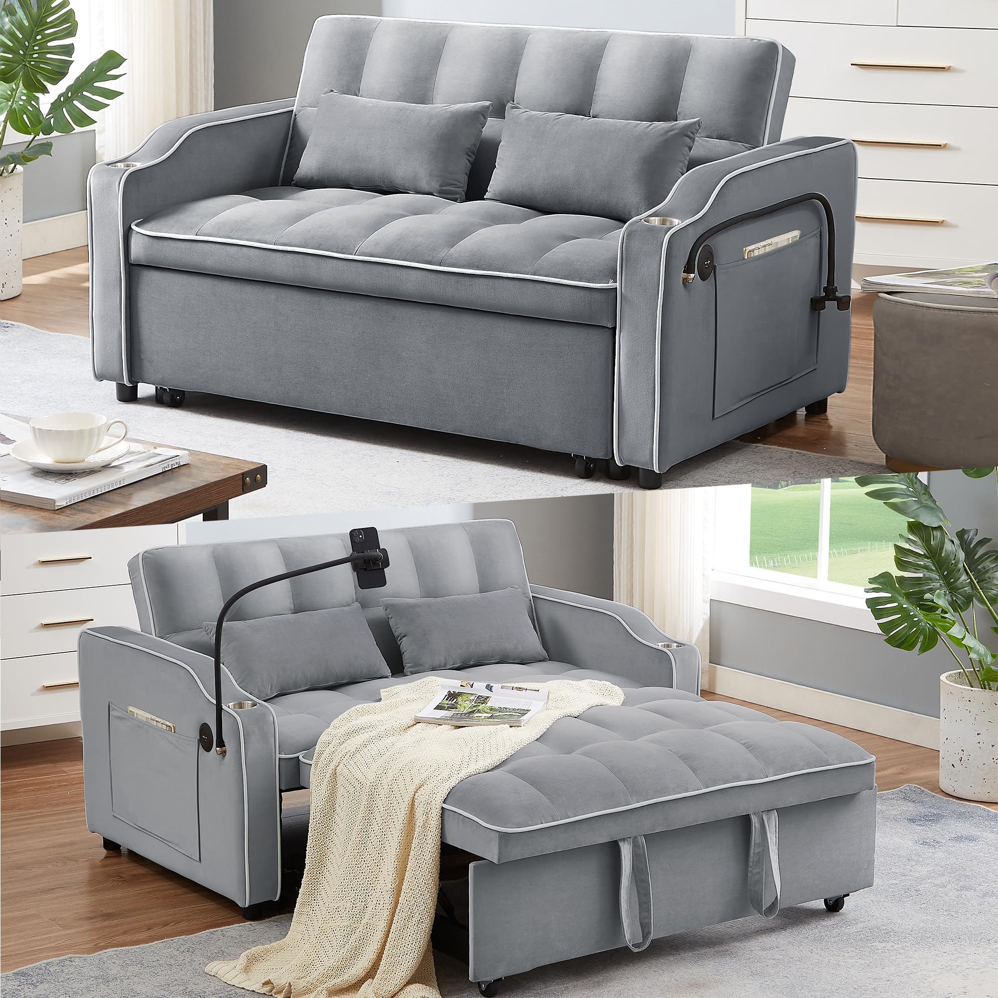 Bellemave Foldable Sofa Bed with USB Charging Ports, Pull Out Velvet Loveseat Sleeper with Swivel Phone Holder, Modern Futon Couch with Cup Holders and Adjustable Backrest, for Living Room, Gray