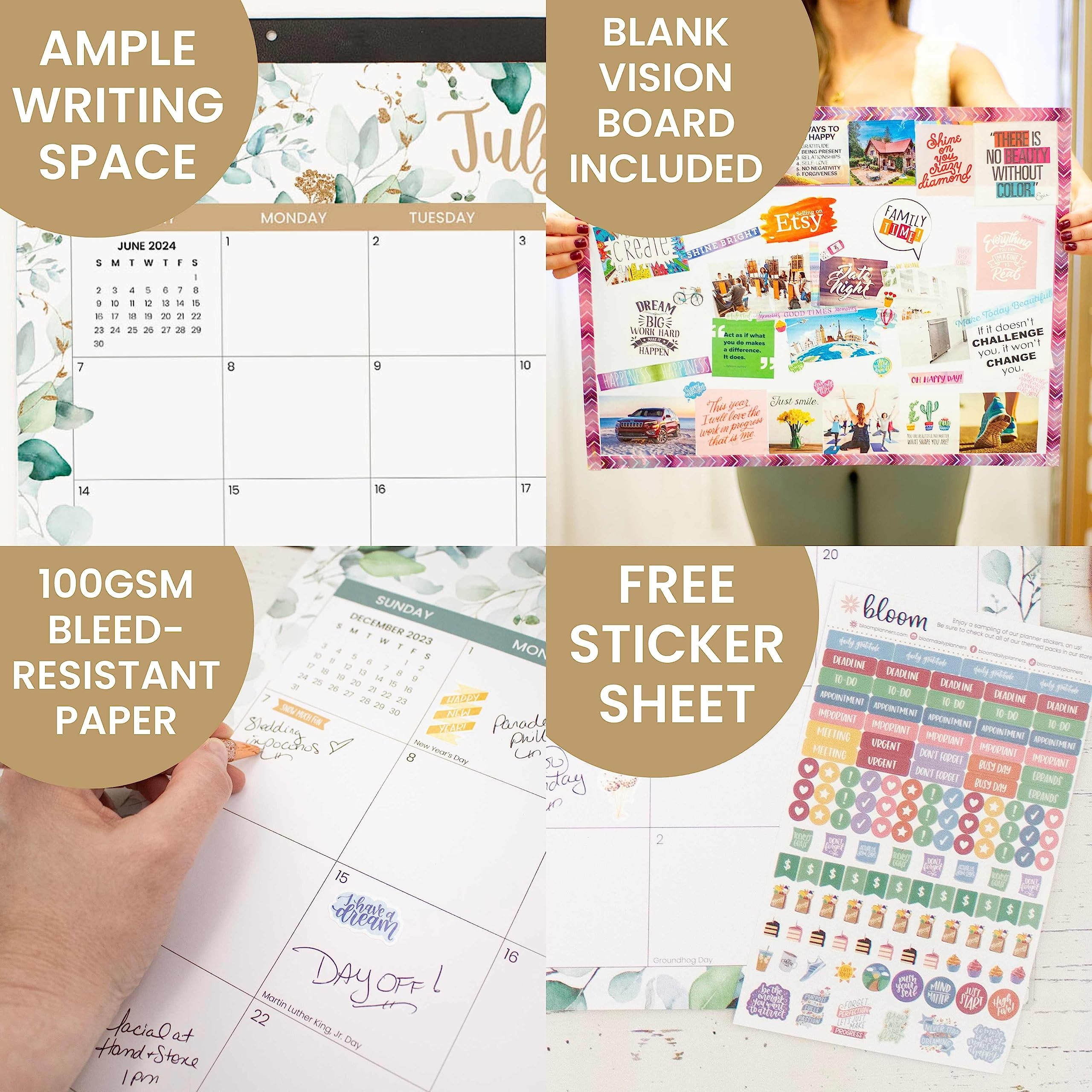 bloom daily planners 2024 Desk Calendar - 21" x 16" Large Monthly Organizer Pad with Stickers (January 2024 - December 2024) Desktop Blotter - Greenery