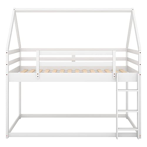 Bellemave Twin Over Twin House Bunk Bed for Kids,Floor Bunk Beds with Ladder and Guardrails,Solid Wood Twin Size Low Bunk Bed for Girls Boys,White