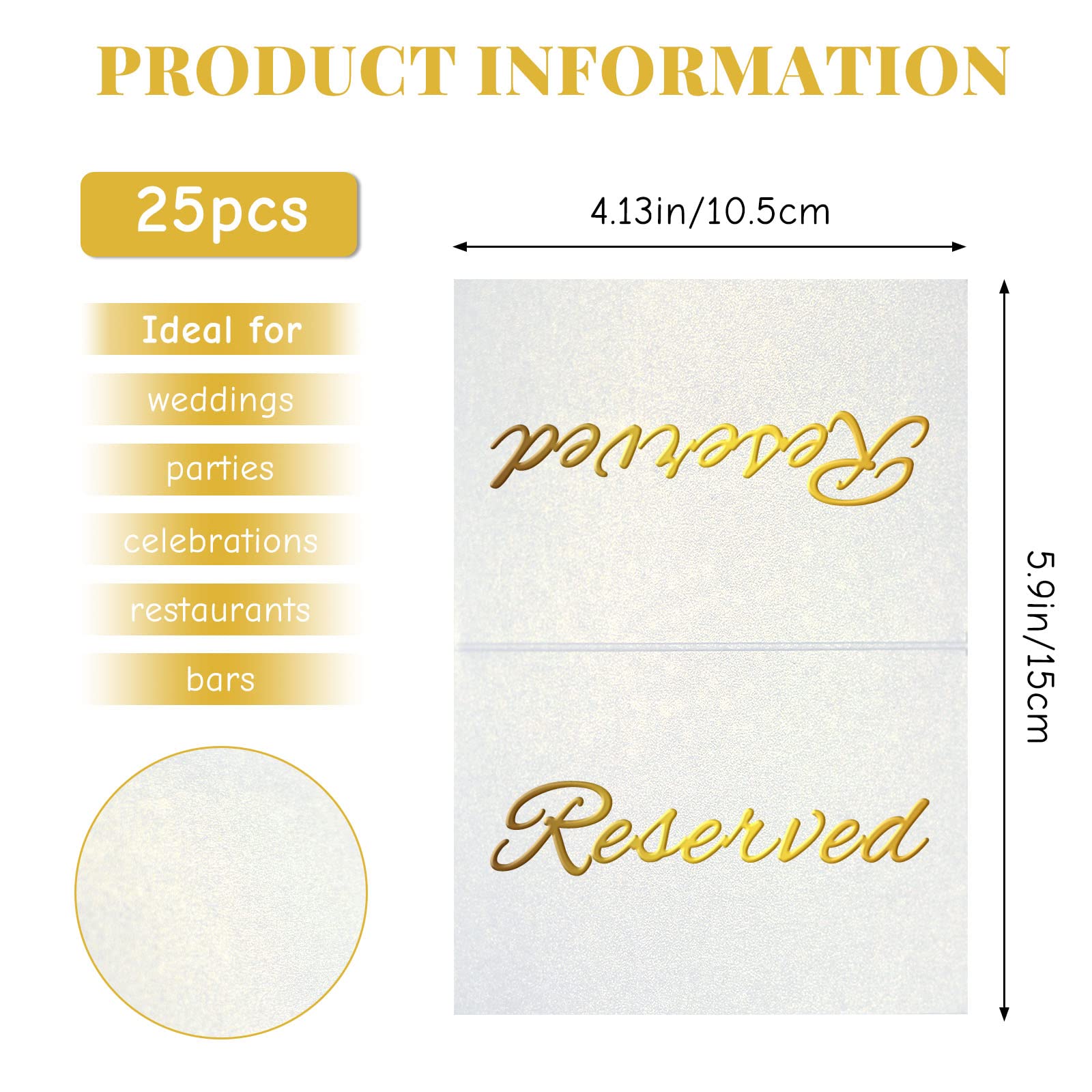 URROMA 25 Pcs Gold Wedding Reserved Table Signs, Double Sided Reserved Table Signs Gold Font Table Reserved Cards White Paper Reserved Table Tent Card