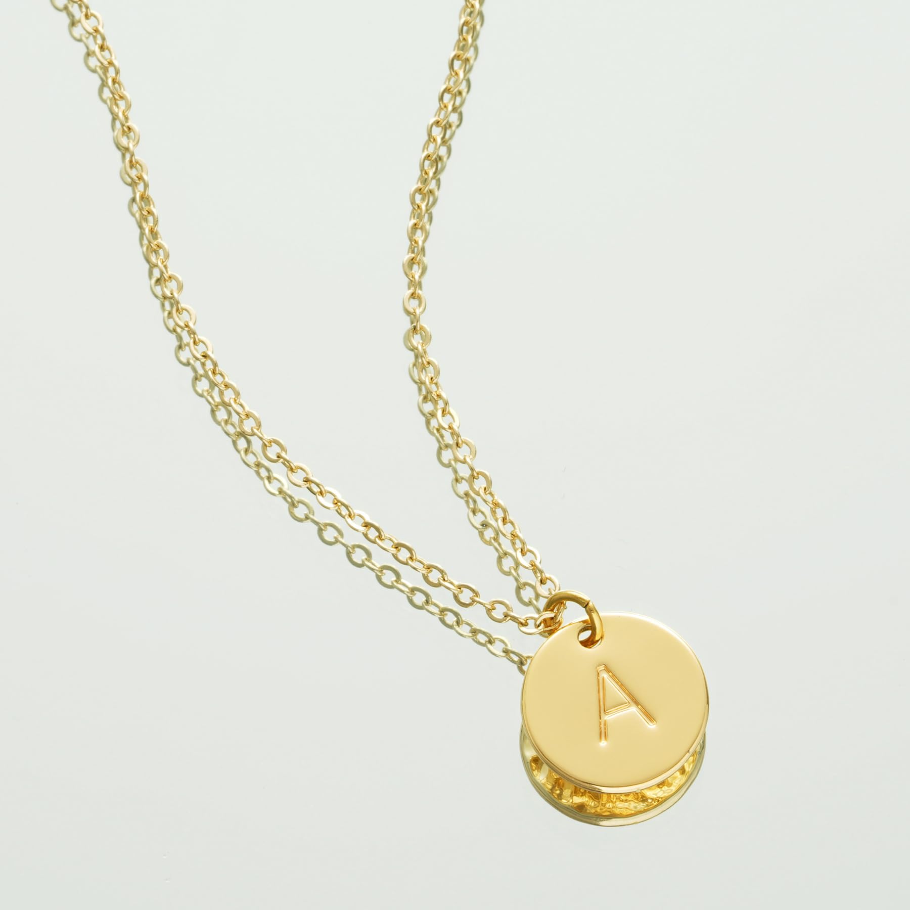 Bemoly Initial Necklace for Women Round 11MM Coin Disc Double Side Engraved Letter A Hammered Pendant 14K Gold Plated Personalized Alphabet Birthday Jewelry 17.5"