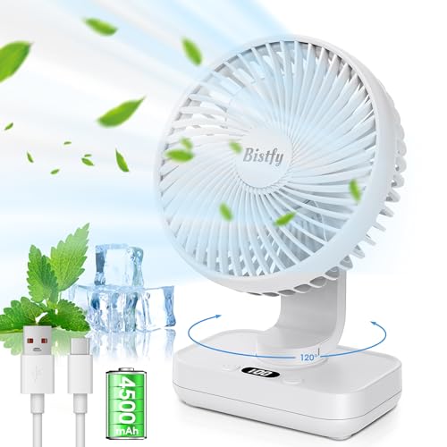 Bistfy Desk Fan 5.5'' Small Fan Ultra-Silent, 120° Oscillating, 90° Adjustable Head Tilt, with Digital Display 4 Speed Portable USB Rechargeable Table Fan Ideal for Home, Bedroom, Office (White)