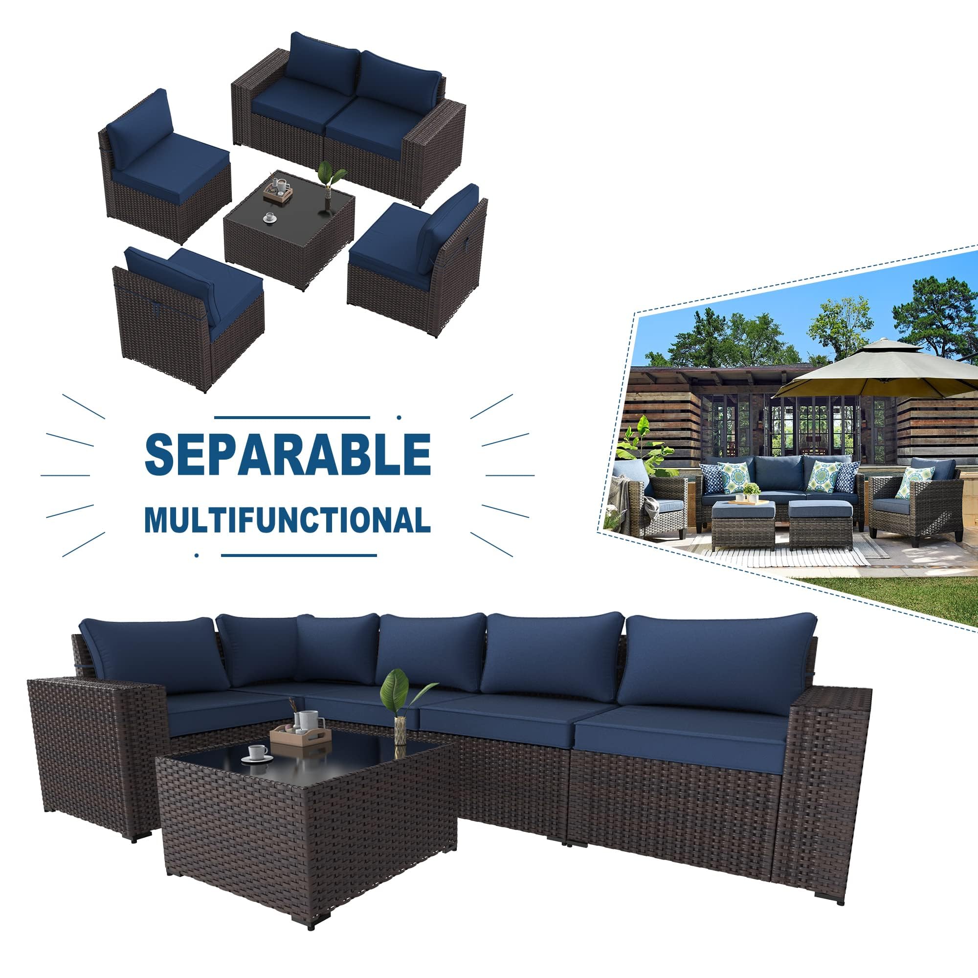 Kullavik 6PCS Outdoor Patio Furniture Set PE Wicker Rattan Sectional Sofa Patio Conversation Sets,Navy Blue