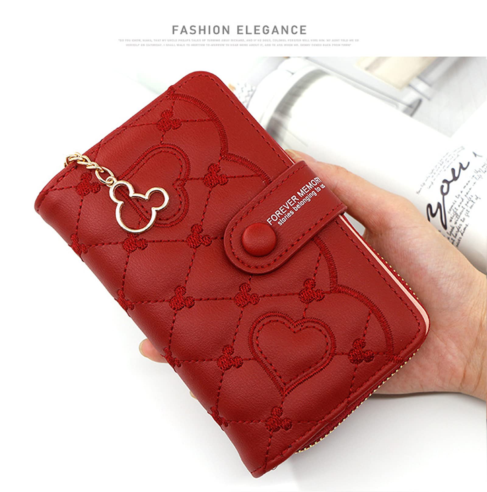 Card Wallets for Women with Zipper Pocket Leather Slim Small Wallet Rfid Blocking Bifold 5 Credit Coin Pocket Purse Medium Long (Red)