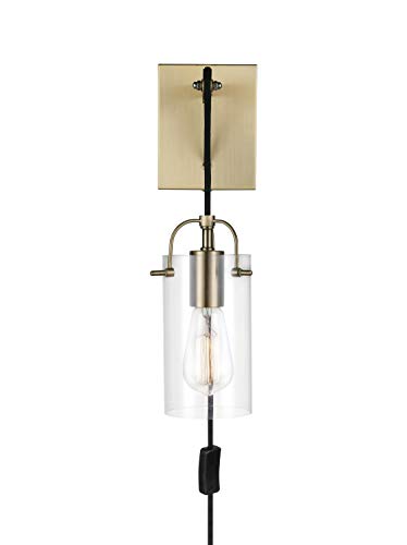 Globe Electric 51629 Nordhaven 1-Light Plug-in or Hardwire Wall Sconce, Antique Brass, Pulley Accent, Clear Glass Shade, Bulb Included