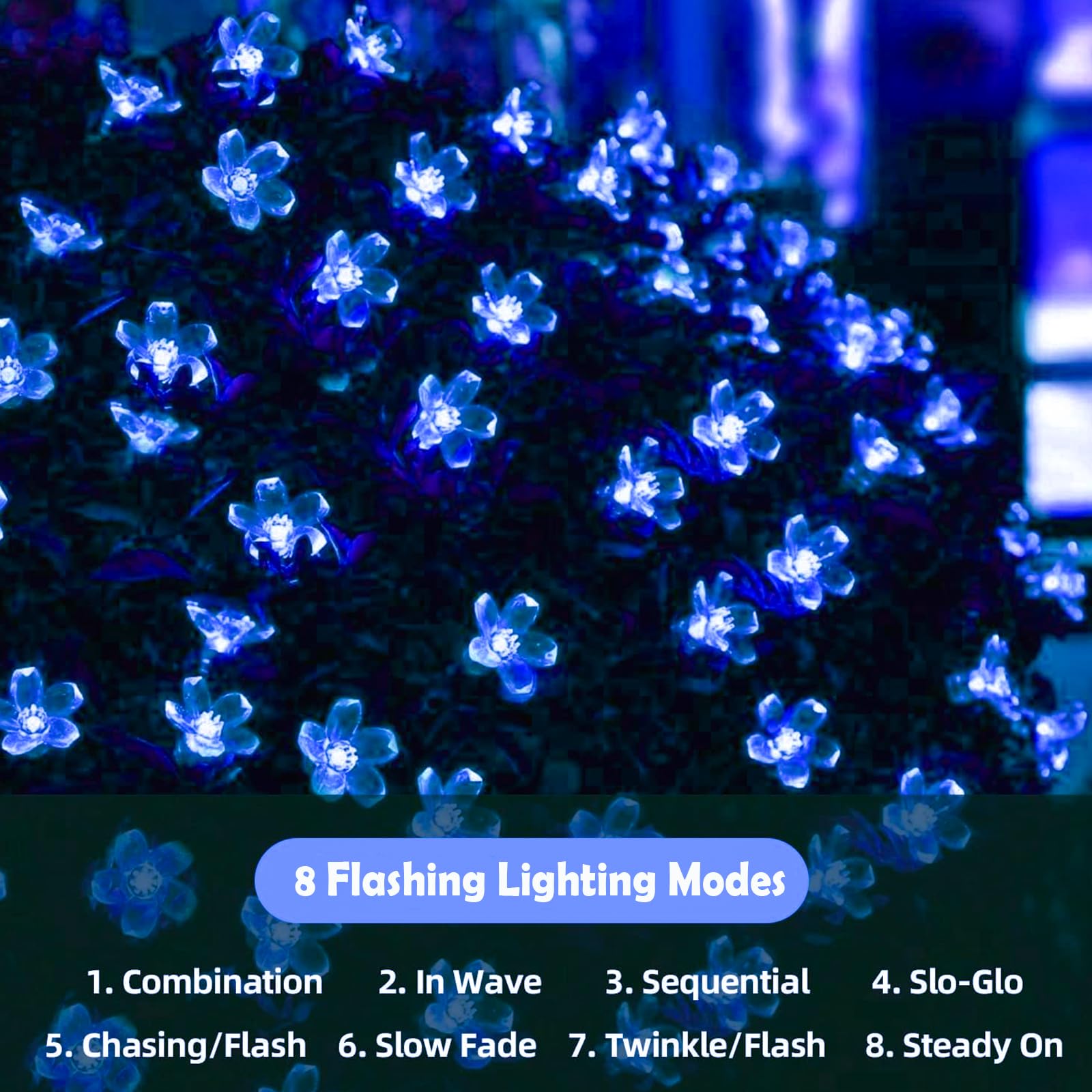 Blue Flower Fairy Lights, 33ft 100 LED Plug in Christmas Tree Light Home Decor, Wedding Party Decorative Artificial Flower Strings for Garden Patio Fence Yard Spring Outdoor DIY Decoration (Blue)