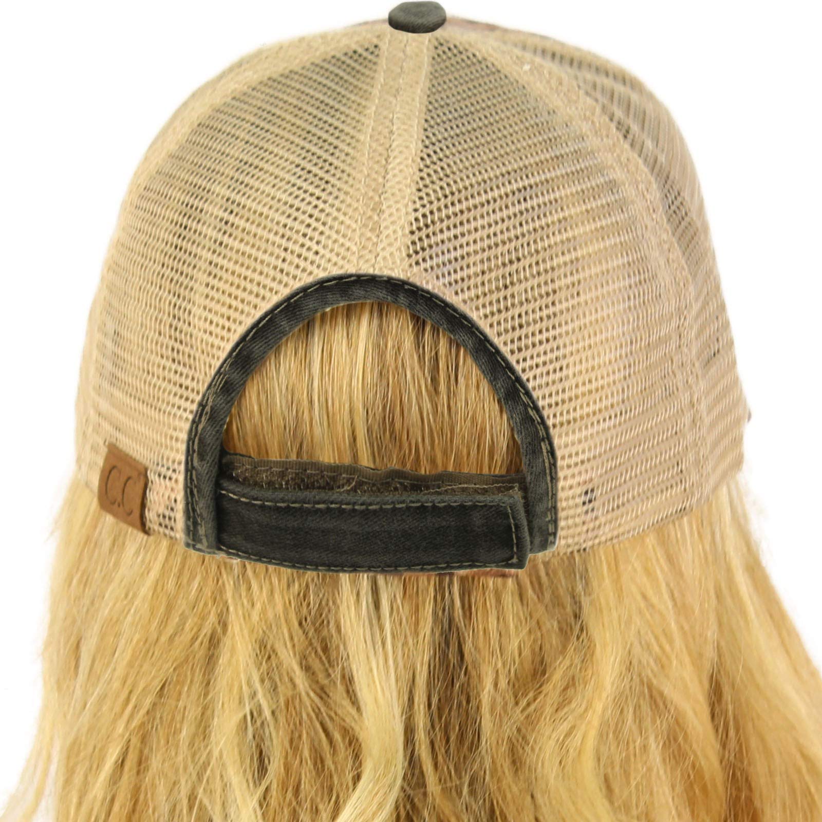C.C Exclusives Washed Distressed Cotton Denim Criss-Cross Ponytail Hat Baseball Cap Bundle Hair Tie (BT-933) (A Crossed Elastic Band(Tie-dye)-Star Black)