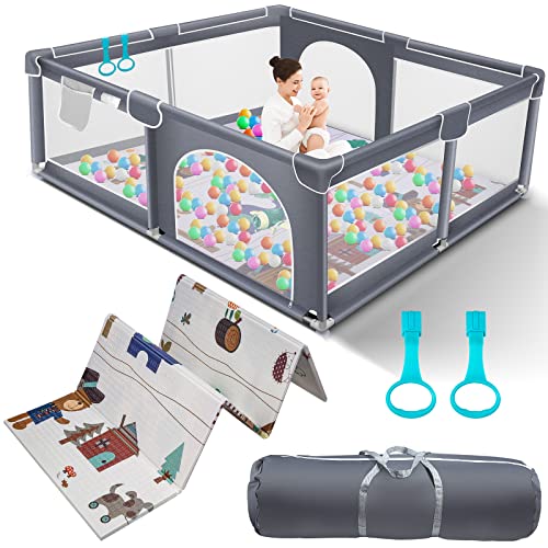 Suposeu Baby Playpen with Mat, 71"x59" Extra Large Playpen for Babies and Toddlers, Indoor & Outdoor Play Yard, Sturdy Safety Fence with Soft Breathable Mesh, Gray