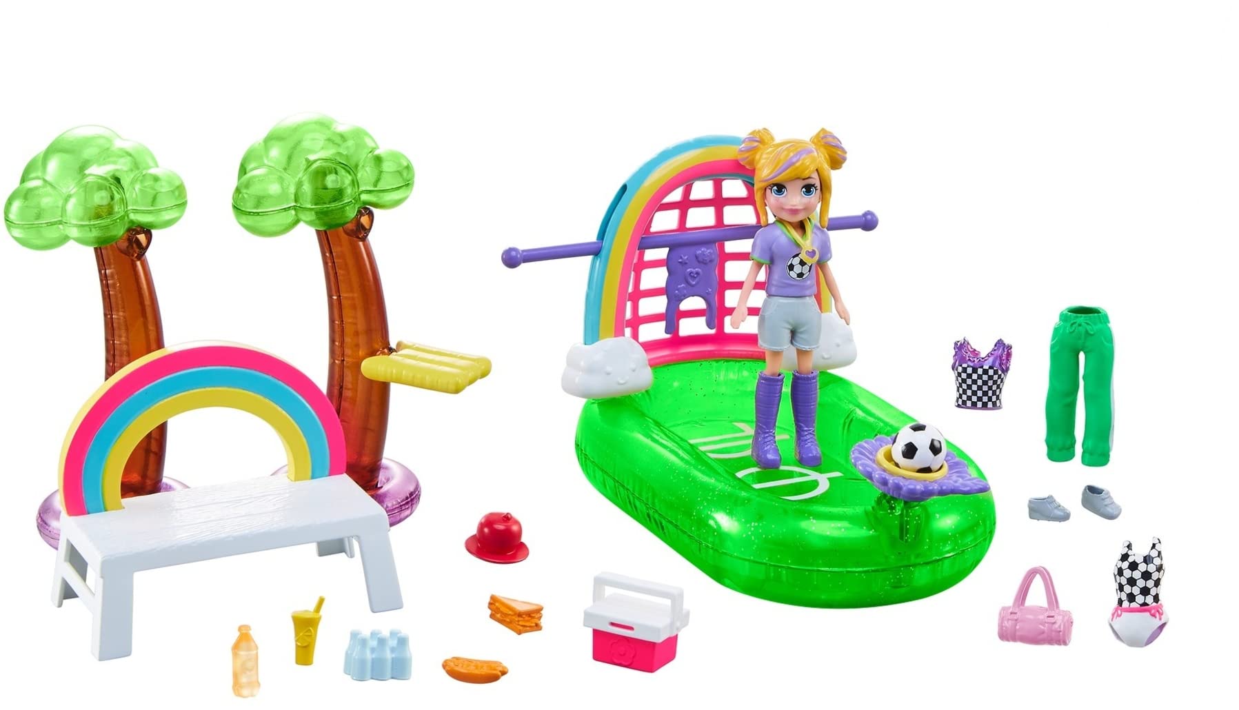 Polly Pocket Soccer Splash Pack with 3-inch Polly Doll, Field/Pool, Ball Launch Feature, Rainbow Soccer Net, Soccer Ball, Soccer & Fashion Accessories, Great Gift for Ages 4 Years Old & Up