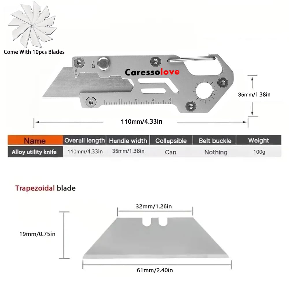 Caressolove 6-in-1 Razor Blades Utility Knife, Retractable Box Cutter, Multitool Knife with Bottle Opener, Hex Wrench, Rule, Water Compass, Cardboard Cutter Small Pocket Knife, 10 Extra Blades