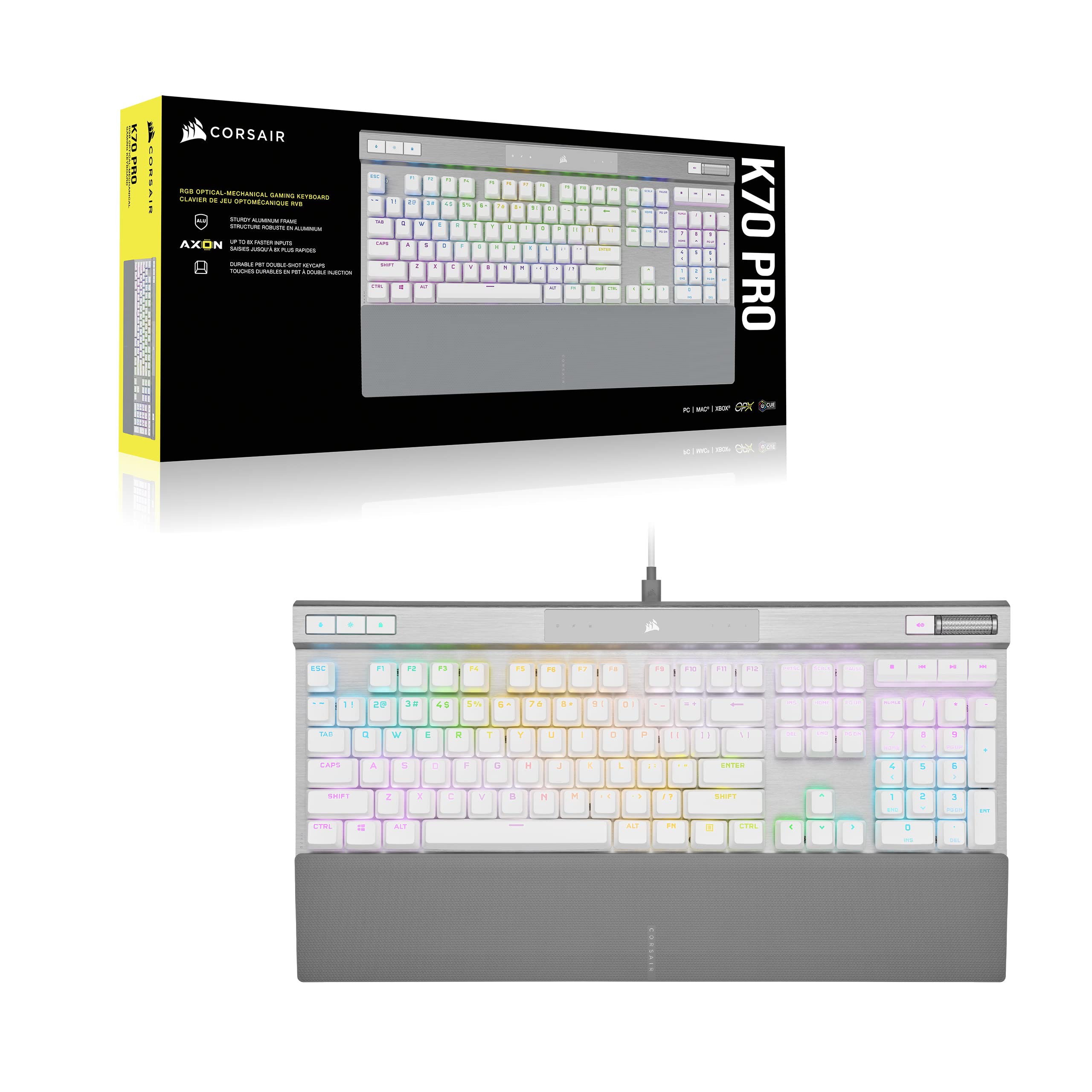 CORSAIR CH-910951A-JP USB K70 RGB PRO White Gaming Keyboard, 2022 Model, Uses Our Own OPX Axis, 8,000 HZ, Polling Rate Compatible, Removable Palm Rest