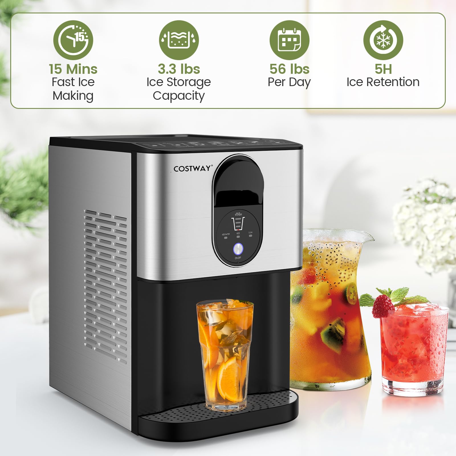 COSTWAY Self Dispensing Nugget Ice Maker Countertop, 56 Lbs/24H Soft Chewable Ice, Pebble Ice Maker with Self-Cleaning, One-Button Operation, Portable Stainless Steel Ice Maker for Home Office Party