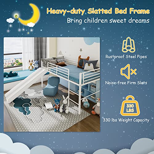 Giantex Twin Loft Bed with Slide, Metal Low Bunk Bed w/Safety Guardrails & Built-in Ladder, Toddler Bed Floor Frame for Boys & Girls, No Box Spring Needed (White)
