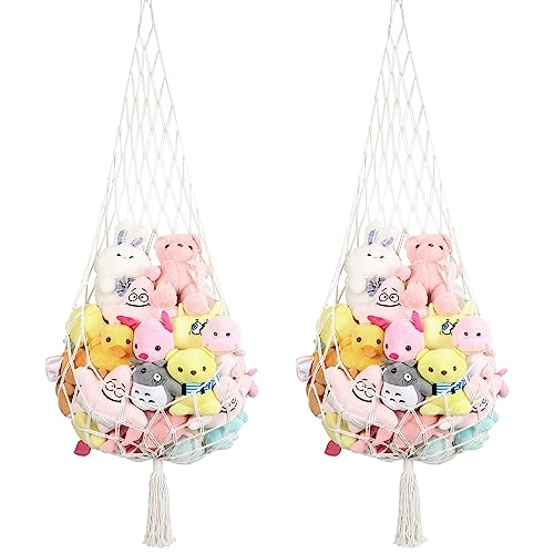 Svepndic 2 Packs Boho Stuffed Animal Net Hammock Macrame Hanging Toy Hammock Organizer Plush Toys Holder Stuffed Animal Holder Hanging Net for Bedroom