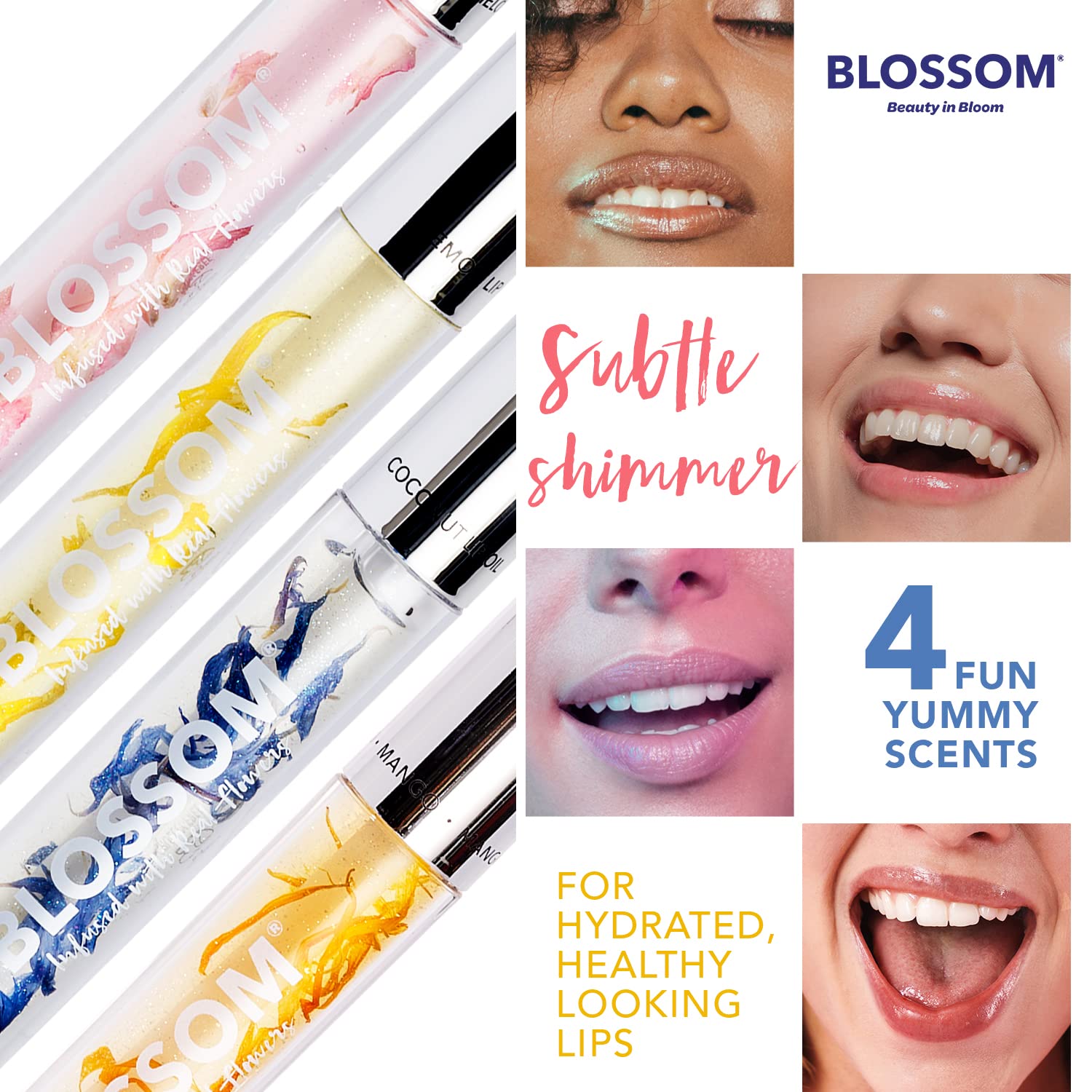 Blossom Moisturizing and Hydrating Shimmer Sparkle Lip Oil with Olive Oil + Grape Seed Oil, Infused with Real Flowers, 3g, Watermelon