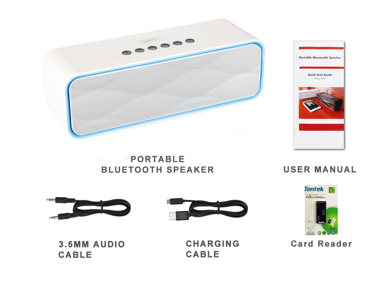 Portable Bluetooth Stereo Speaker, 10W Acoustic Drivers, Dual Subwoofer, FM Radio & Handsfree Speakerphone, Micro SD Card & USB & AUX Slots for Smart Phone, MP3, MP4, iPad, Tablet & More