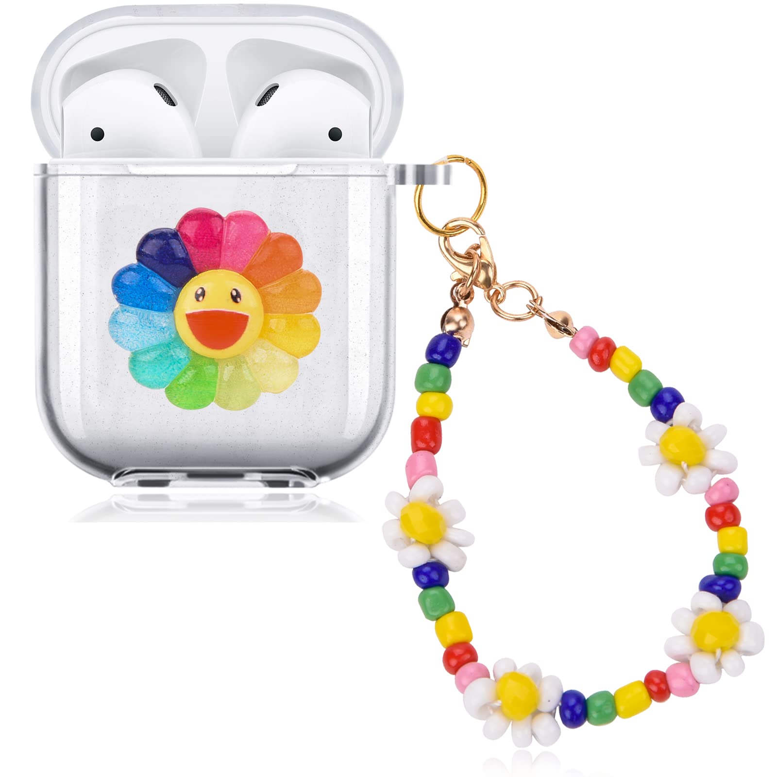 Cute AirPod Case Smile Sun Flower Bracelet Design Soft Clear Glitter Protective Cover for AirPods 1st & 2nd Generation Case
