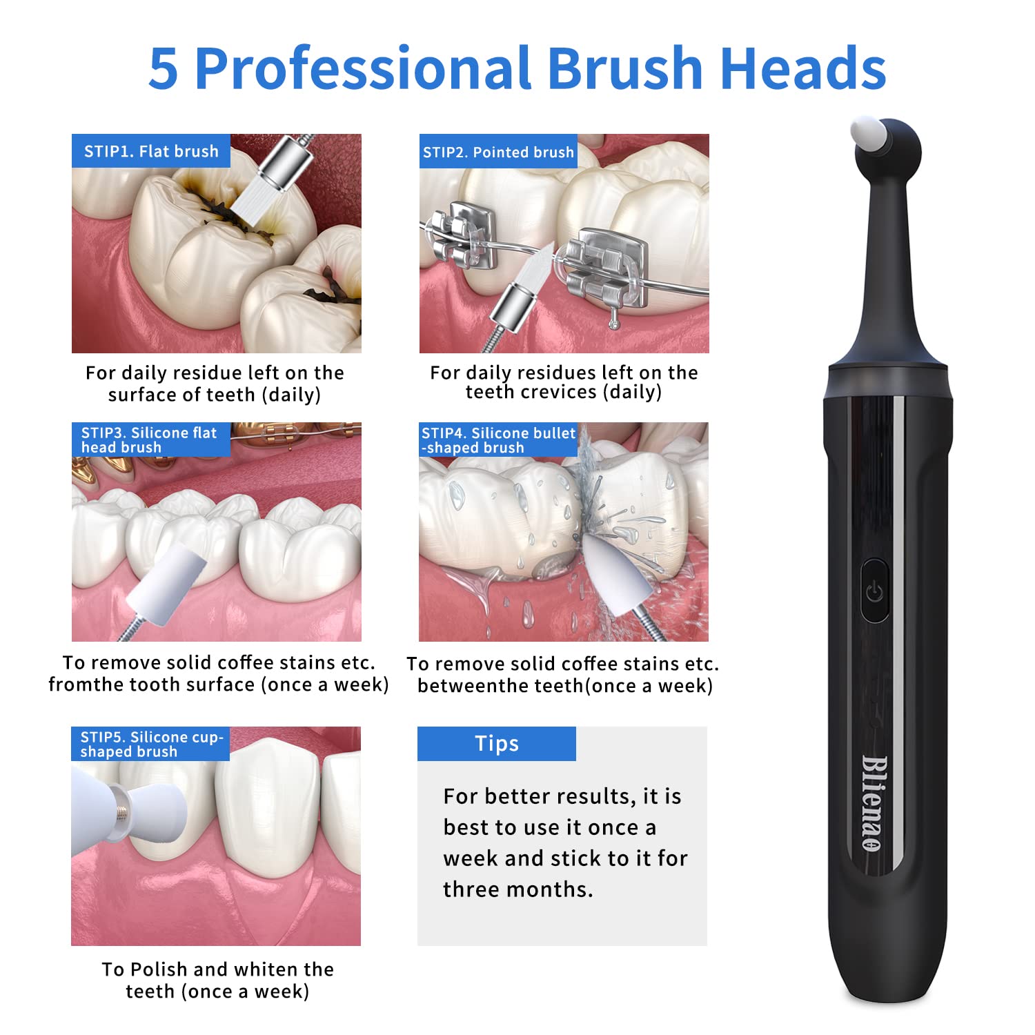 Blienao Electric Tooth Polisher, with 5 Replacement Heads,3 Modes Dental Care Teeth Cleaner Home Dental Tartar Calculus Remover Teeth Whitening Tools Safe
