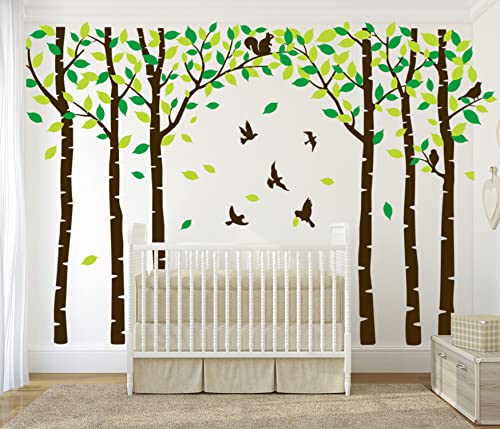 Six Birch Tree Wall Decals Birds Cute Squirrel Forest Wall Stickers for Kids Room Nursery Bedroom Living Room Classroom Decoration (Brown,Green)