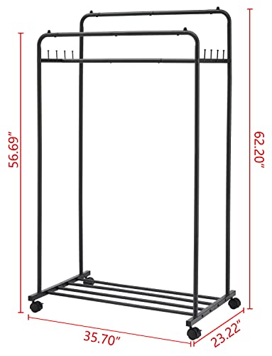 Hoctieon Double Rod Garment Rack,Clothes Rack on Wheels,Portable Clothing Racks for Hanging Clothes,Closet Hanger Rack with Shelves Black