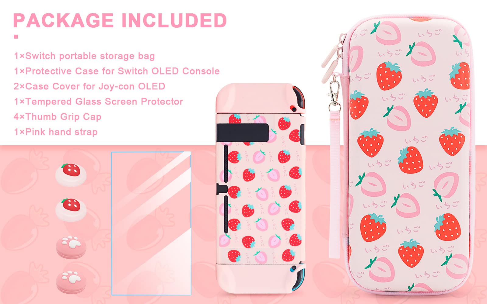 BRHE Cute Carrying Case Compatible with Nintendo Switch with Dockable Protective Cover/Tempered Screen Protector /Thumb Grip Caps,Pink Accessories Bundle for Girls