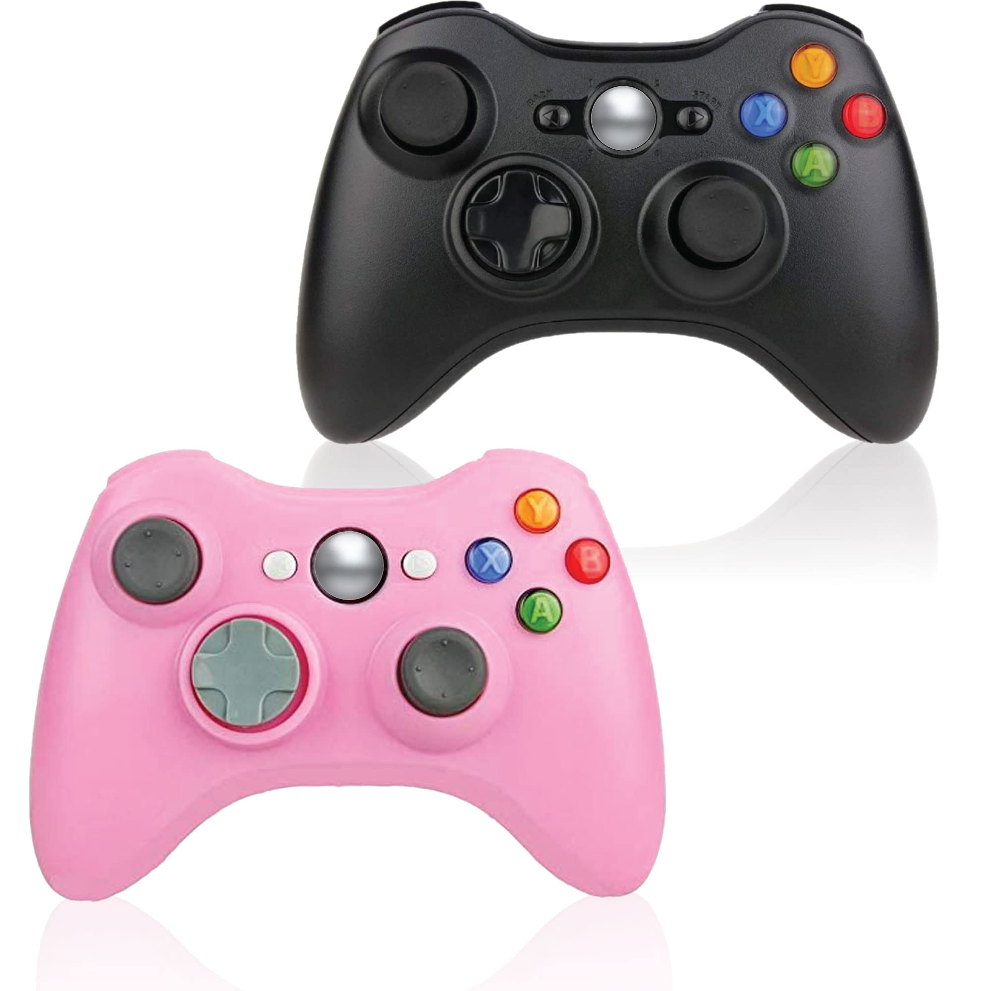 BEK Controller 2 Pack Replacement for Xbox 360 Controller, Wireless Remote Gamepad with Thumb Grips, Double Vibration, Live Play, Compatible with Microsoft Xbox 360 Slim PC Windows Color (Pink Black)