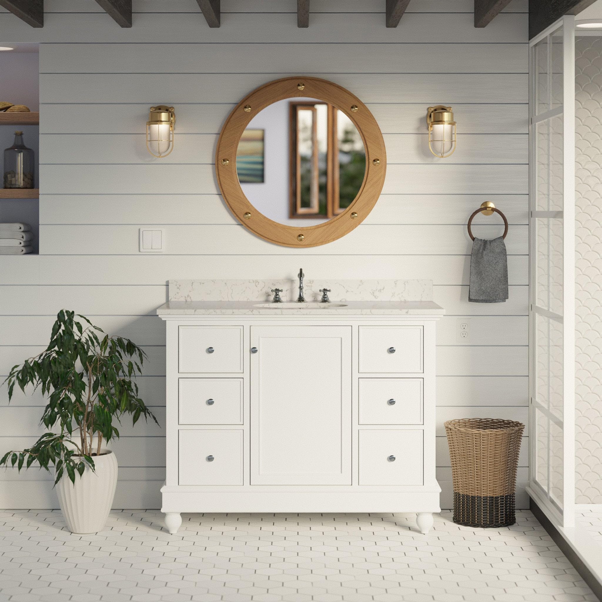 Bella 42-inch Bathroom Vanity (Engineered Marble/White): Includes White Cabinet with Engineered Marble Countertop and White Ceramic Sink