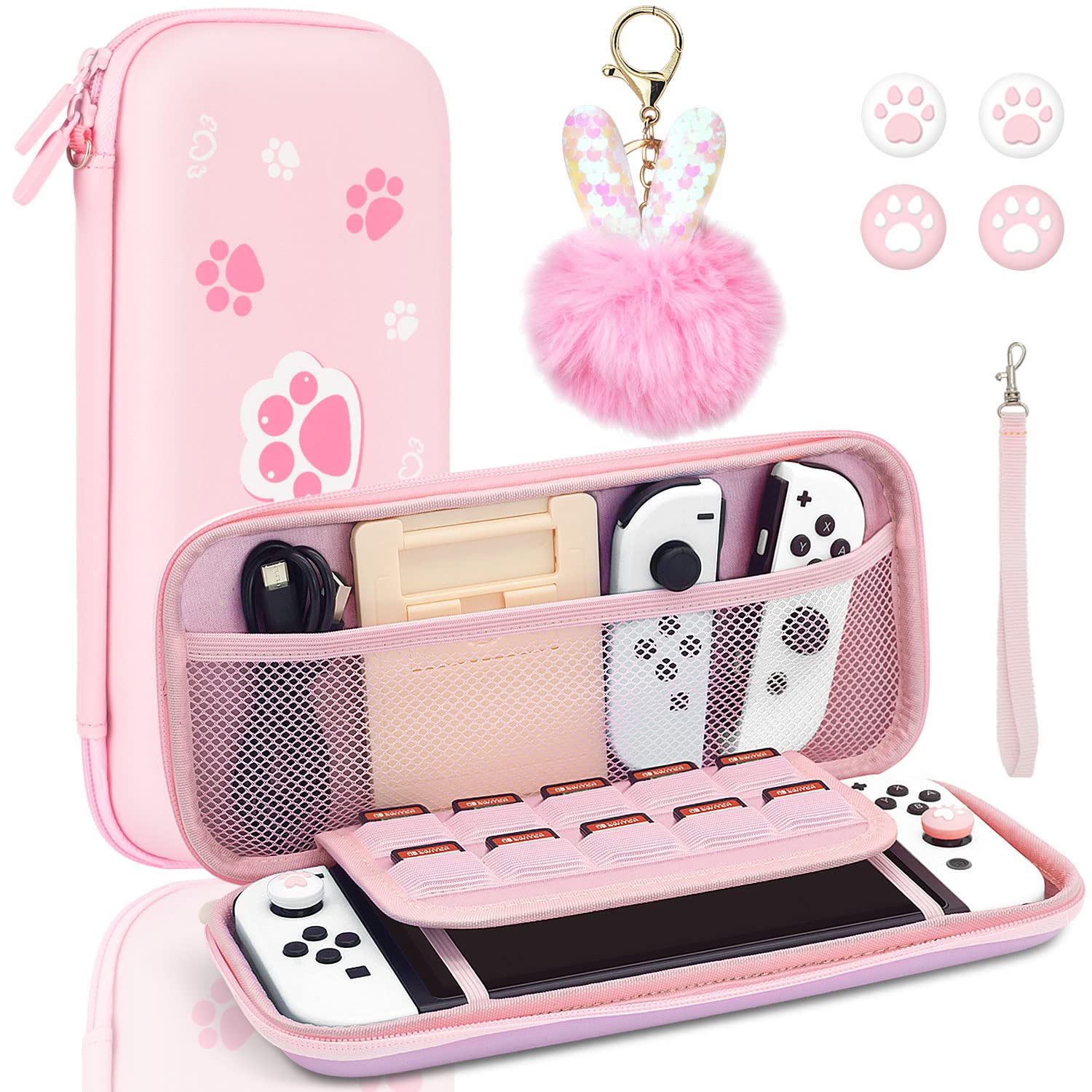 BRHE Cute Cat Paw Switch Carrying Case Pink for Nintendo Switch OLED Model 2021/Switch 2017, Portable Protective Hard Shell Girl Bag with Pendant and Thumb Grip Caps