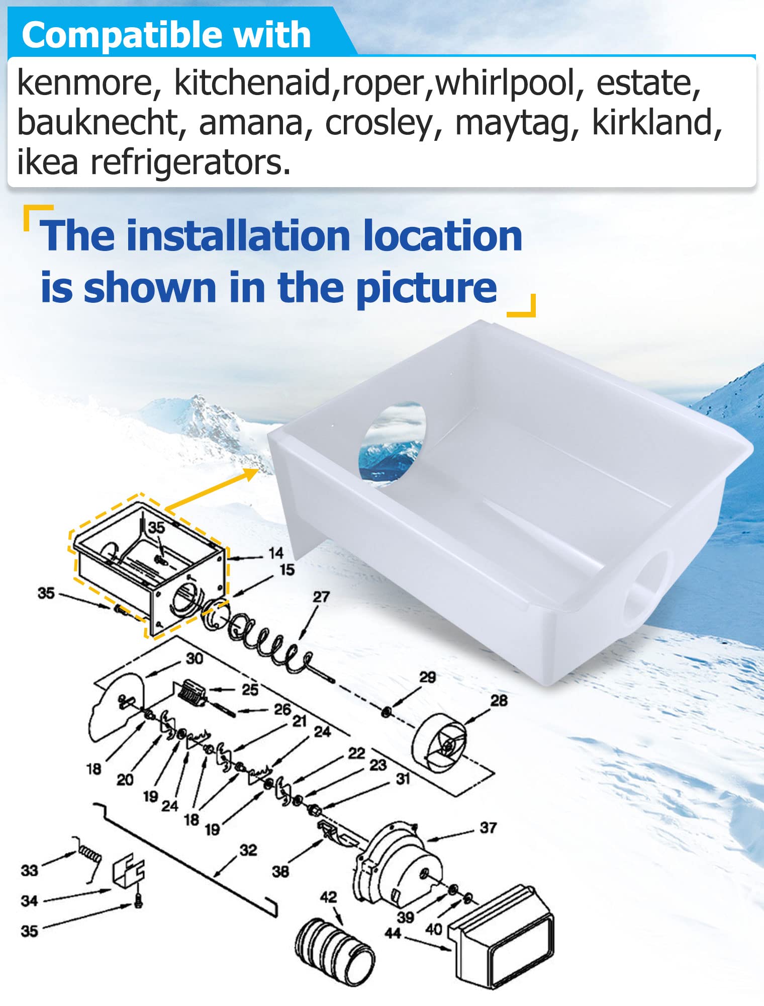 W10670845, WPW10670845 Refrigerator Ice Bucket Compatible with Whirlpool, Kenmore, kitchenaid, Amana Refrigerators, etc. Part Number: 2196091, 1115342, 1115372, 2152701, 2152702, etc.