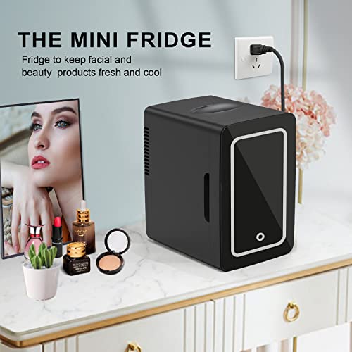 Living Enrichment Mini Fridge 6L Capacity, Portable Small Refrigerator Cooler or Warmer, AC DC Powered, Skincare Fridge with Mirror Door, for Food, Cosmetics, Home, Office and Car - Black