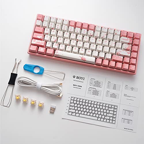 BOYI KD84 Hot Swappable 75% Compact Gateron Yellow Switch Keyboard, Bluetooth 5.0/Wireless 2.4G/Wired Type-C Tri-Mode N-Key Rollover RGB Mechanical Gaming Keyboard (Peach Blossom OEM Keycaps)