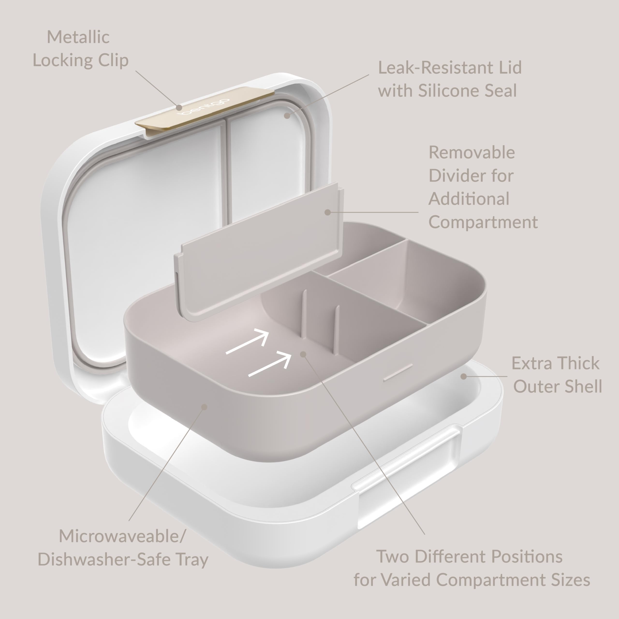 Bentgo® Modern - Leak-Resistant Bento Lunch Box For Adults, Teens, & Larger Appetites; Reusable BPA-Free Meal Prep Container with 3 or 4 Compartments, Dishwasher/Microwave Safe; 44oz (White)