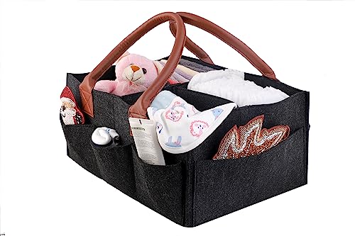 Mysa Felt Baby Diaper Caddy Car Organizer with Vegan Leather Handle for Diapers and Baby Wipes For Changing Table Nursery Storage Bin Basket, Baby Shower Gift Suitable For Indoor Outdoor (BLACK)
