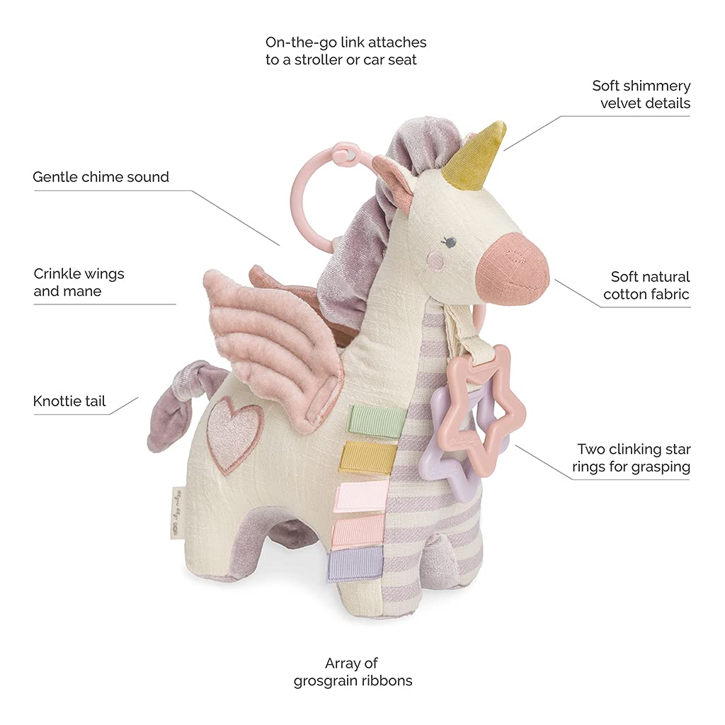 Itzy Ritzy Bitzy Bespoke Link & Love Activity Toy for Stroller - Baby Car Seat Toy for Infants & Up, Features Crinkle Sounds, Clinking Rings, Grosgrain Ribbons & Textured Materials (Dinosaur)