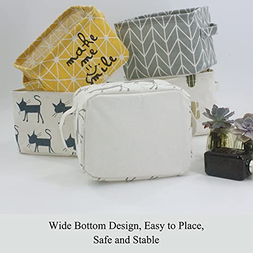 Mziart Small Foldable Canvas Storage Basket with Handles, Cotton Linen Storage Bin Organizer for Nursery Kids Shelves & Desks (Grey Cat)