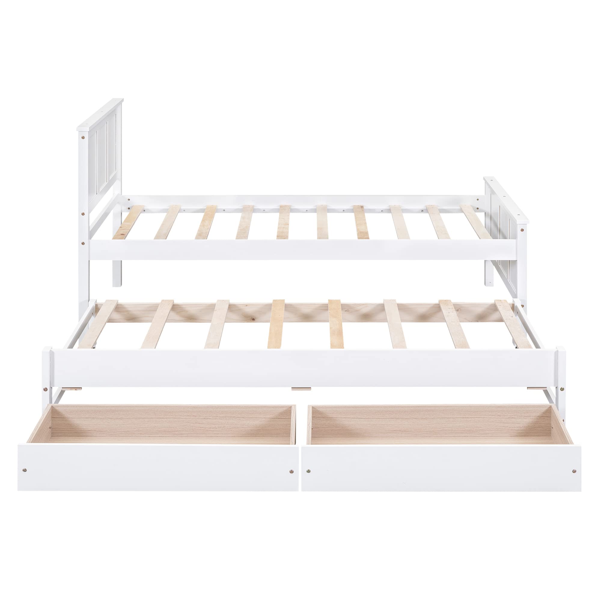 CITYLIGHT Twin Bed with Trundle and Storage, Wood Twin Size Platform Bed Frame with Trundle and Drawers, Space-Saving Twin Size Bed for Kids, Boys, Girls (Twin,White)