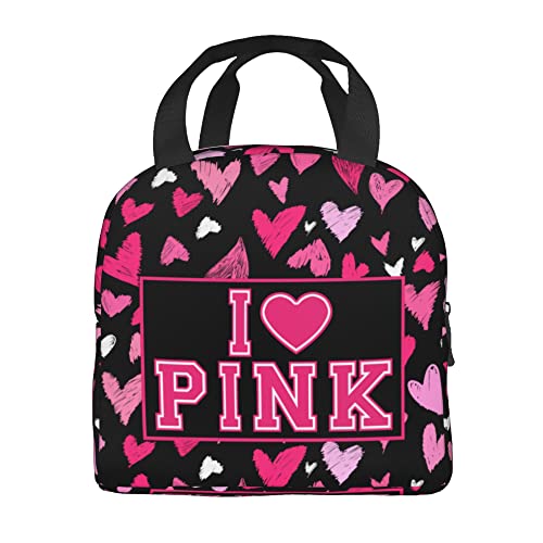 Giwawa I Like Pink Lunch Bag Pink Heart Portable Insulated Lunchbox Waterproof Tote Bento Bag for School Office Camping Picnic