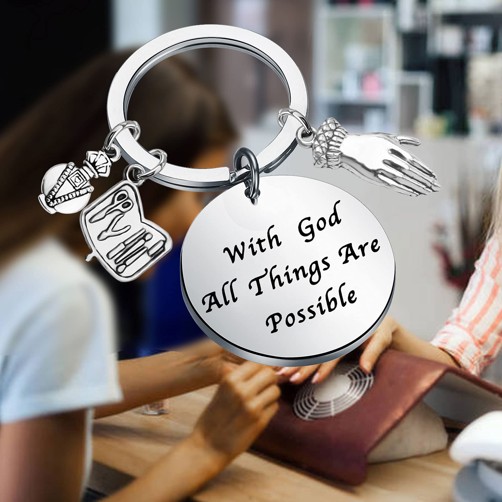 BEKECH Manicurist Keychain Gift With God All Things Are Possible Manicure Technician Keychain Gift for Nail Tech Nail Artist Cosmetology Gift for Graduate (silver)