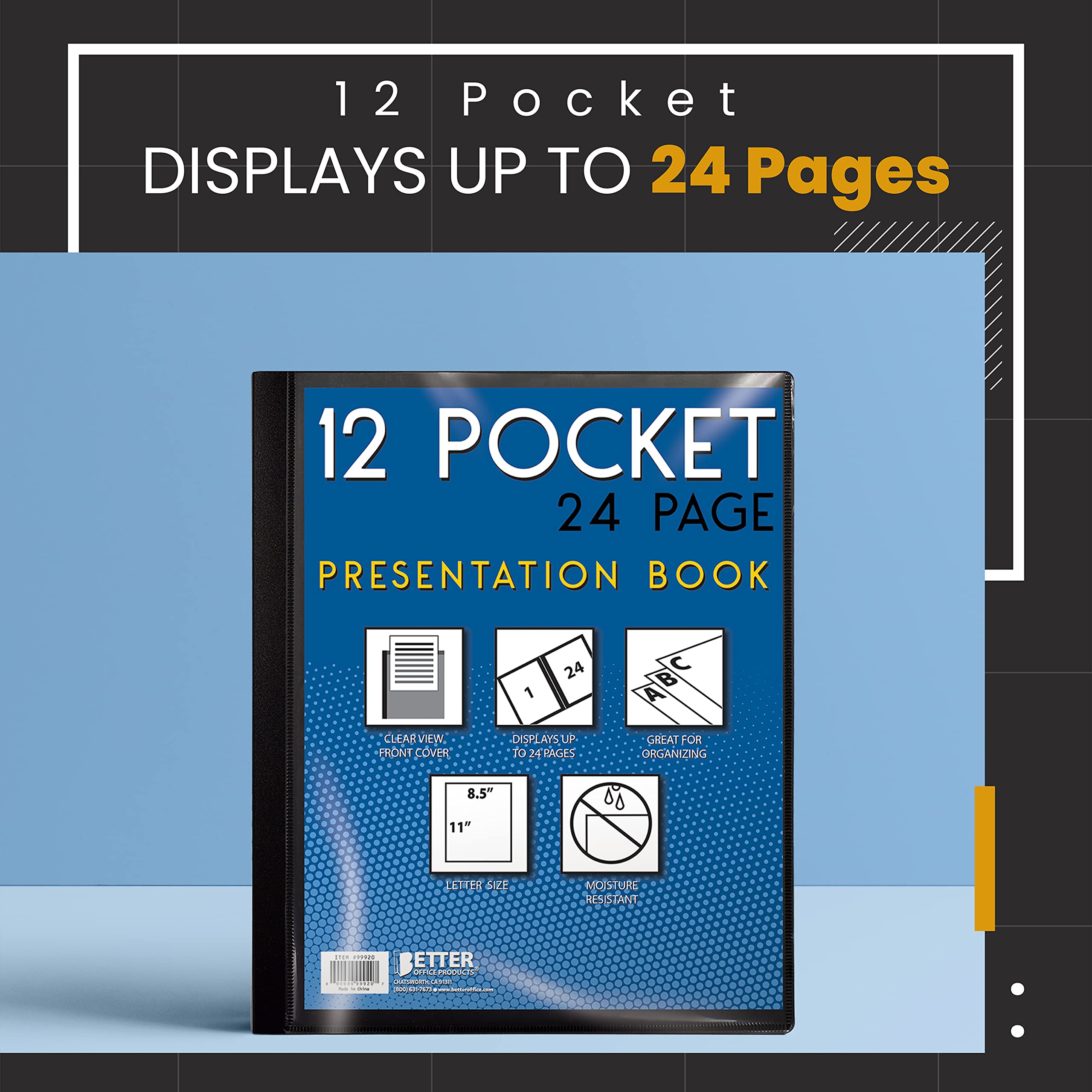 Better Office Products 12 Pocket Bound Presentation Book, Black with Clear View Front Cover, 24 Sheet Protector Pages, 8.5" x 11" Sheets, Art Portfolio, Durable Poly Covers, Letter Size, Black