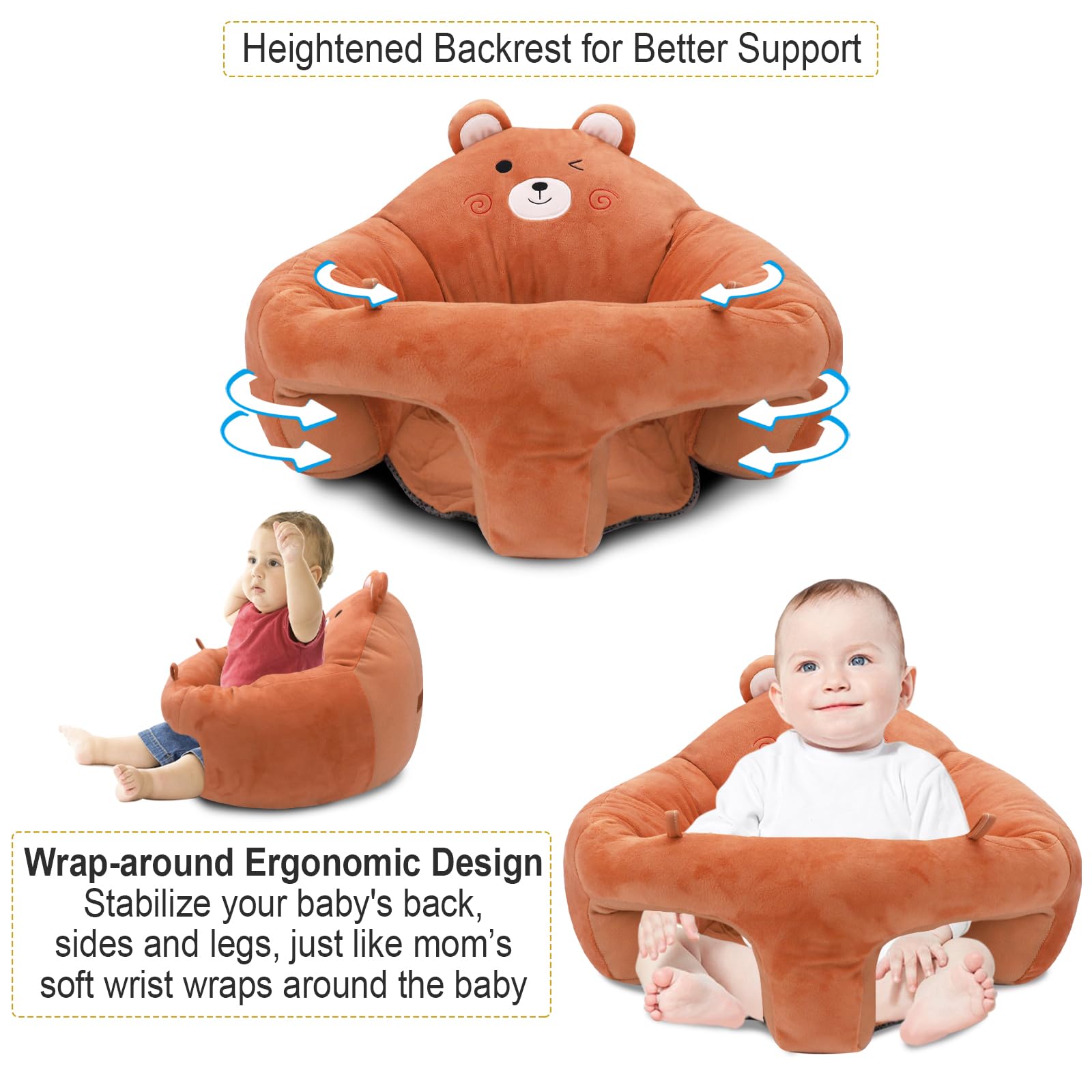 Blublu Park Baby Support Seat Chair, Plush Cute Soft Animals Shaped Learning to Sit Chair Keep Sitting Posture Comfortable for Toddler, Brown Bear