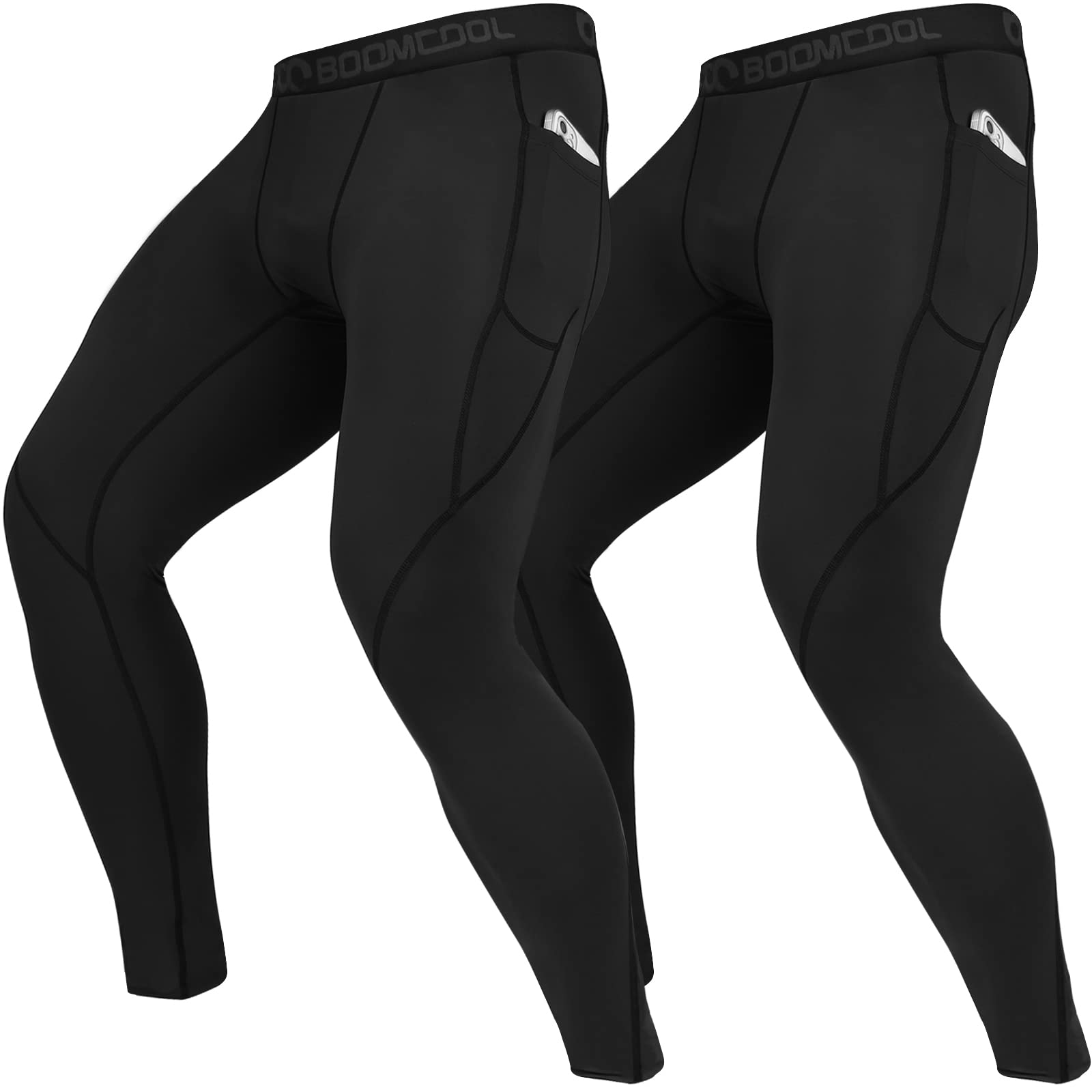 BOOMCOOL Men's Compression Pants with Pockets, Men's Running Tights Leggings Workout Dry Baselayer Gym Athletic Yoga Pants Black and Black