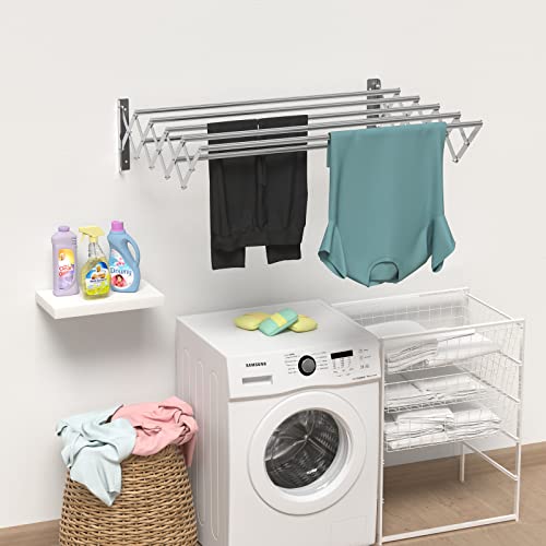 GUEVARA Wall Mounted Clothes Drying Rack,Stainless Steel Accordion Retractable Drying Rack for Laundry Room/Bathroom Tower,Easy to Install 31-inch Rod, 120 lbs Large Capacity- Indoor and Outdoor Use