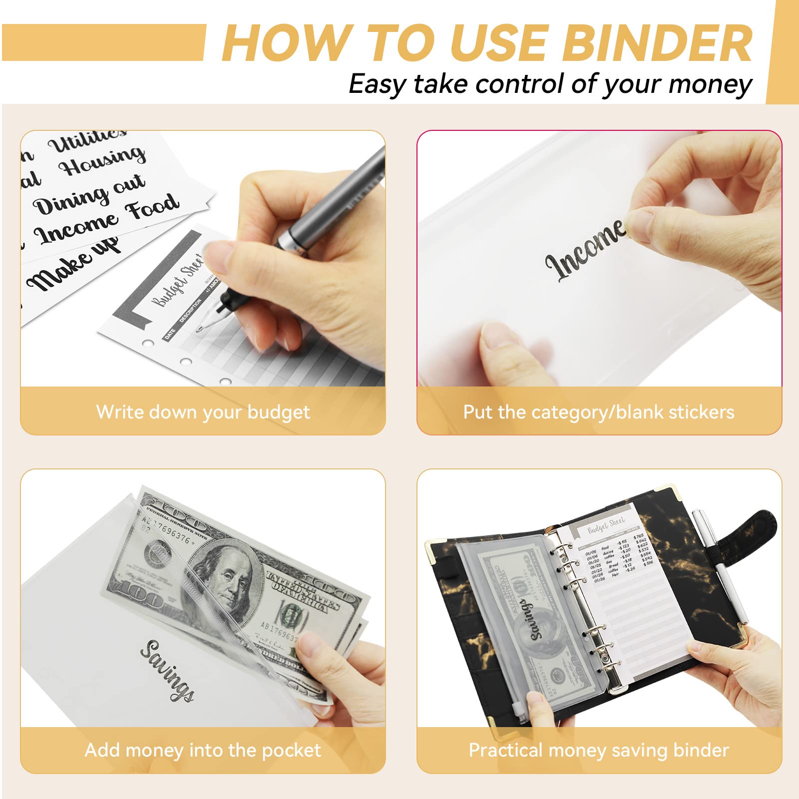 Budget Binder with Zipper Envelopes & Expense Budget Sheets,Marble 6-Ring Money Organizer for Cash,Money Binder with Cash Envelopes for Budgeting and Saving Money