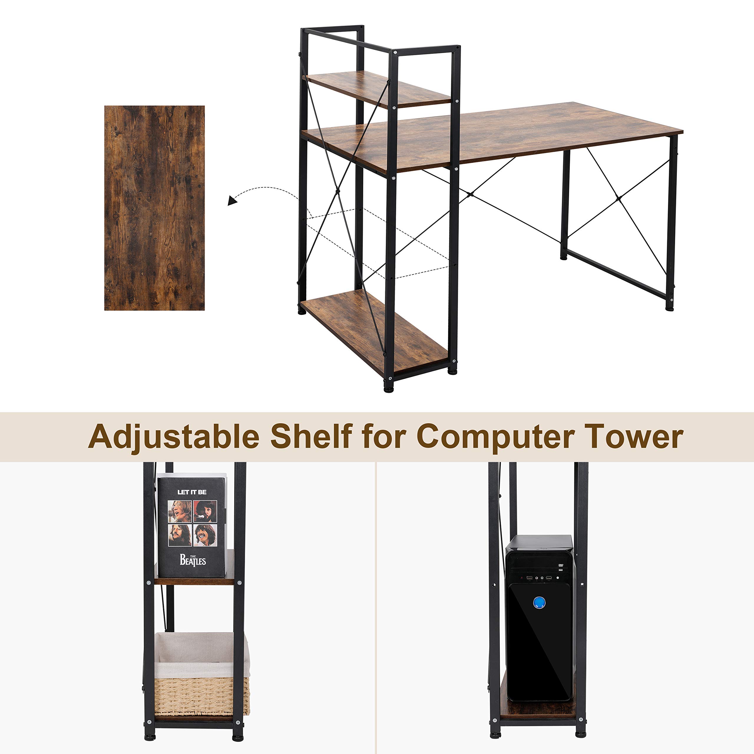 AuAg Computer Desk with 4 Tier Storage Shelves, 47” Home Office Desk with Reversible Bookshelf, Writing Study Table Workstation with Tower Shelf for Small Space(Rustic Brown)