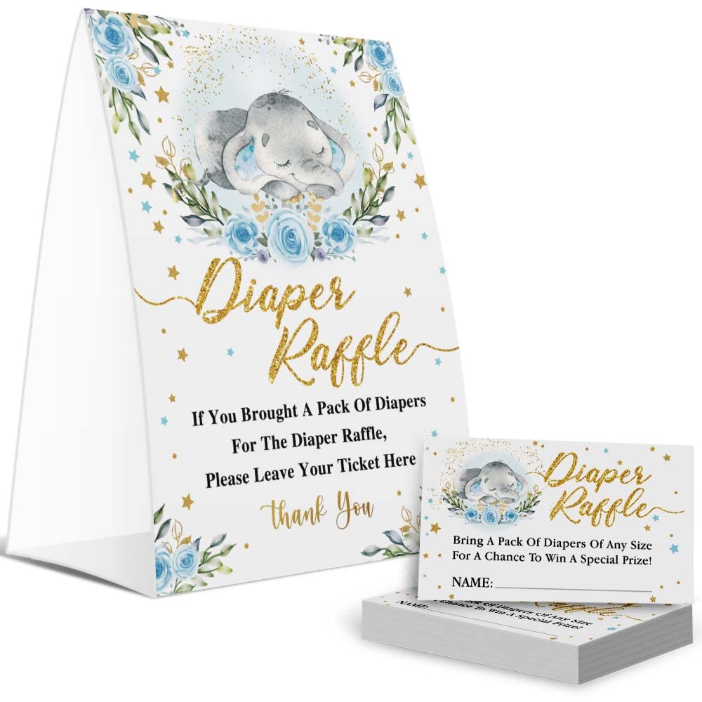 Blue Elephant Diaper Raffle Sign, Blue Sleeping Elephant Eucalyptus Baby Shower Raffle Insert Ticket, Bule Flower Baby Shower Decorations