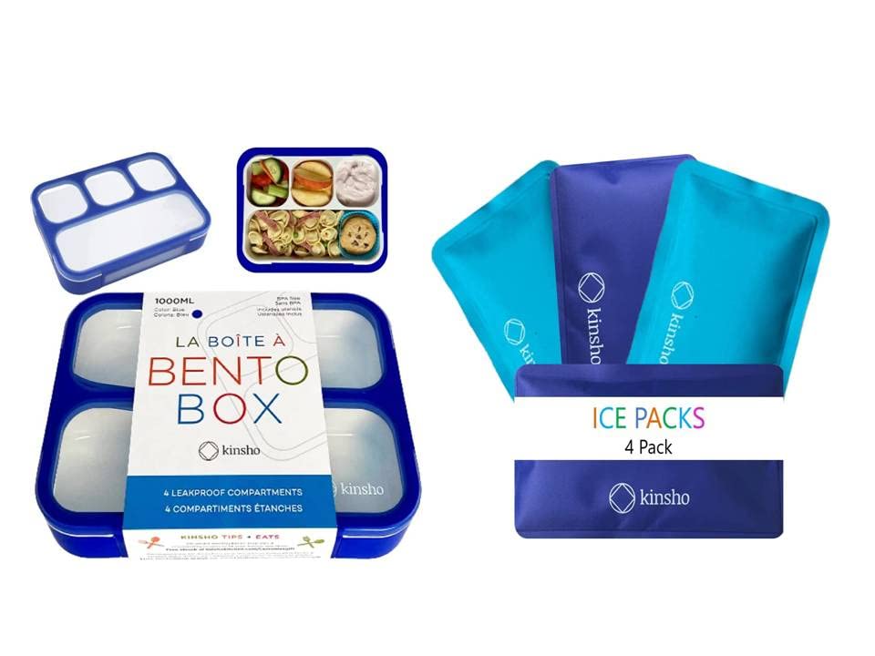 Bundle of Bento Lunch Box for Kids Boys Adults with Utensils (Blue) + Ice Packs for Lunch Bags (Blue & Turquoise)