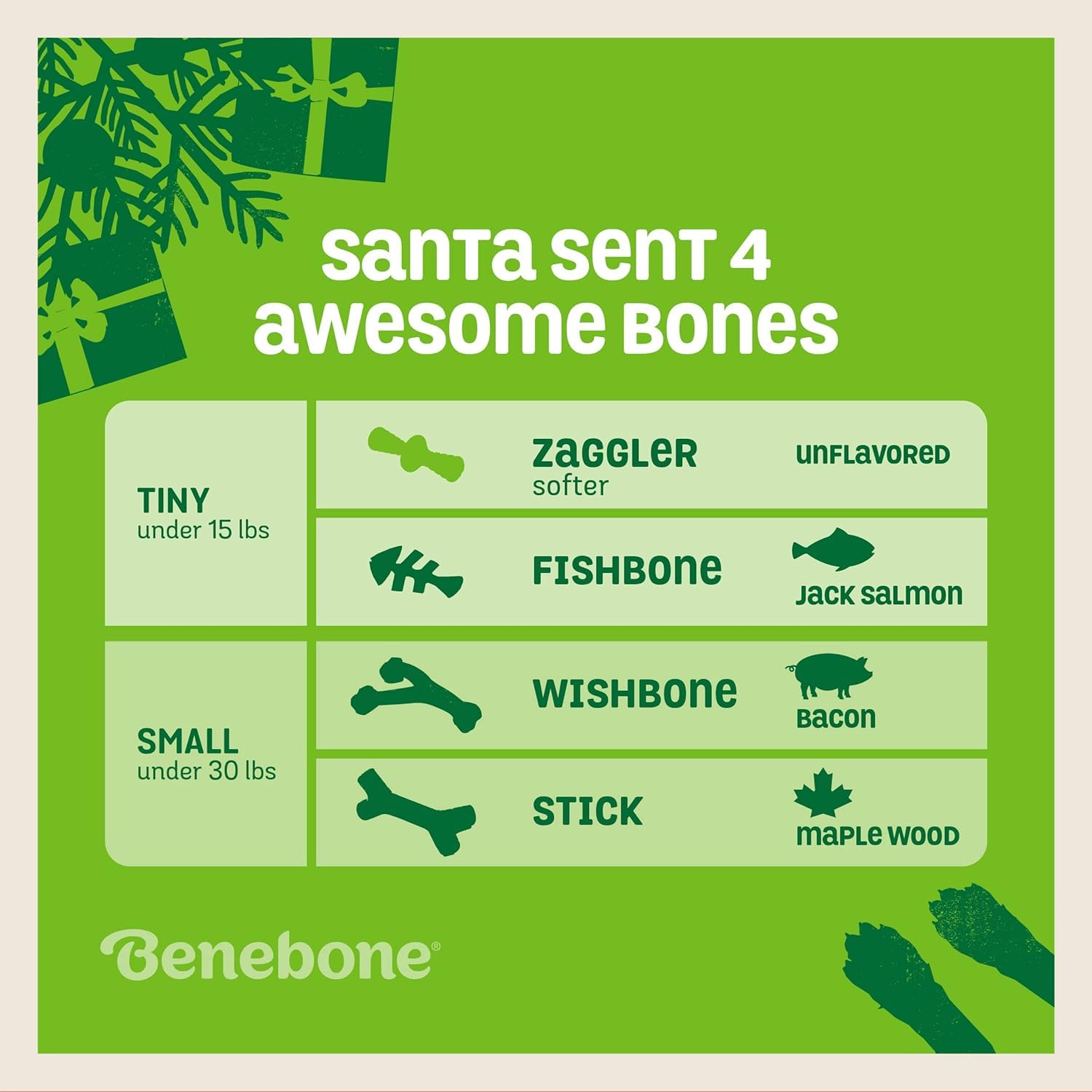 Benebone Puppy Holiday 4-Pack Dog Chew Toys, Made in USA, 30lbs and Under, for Modest Chewers, All Breed Sizes